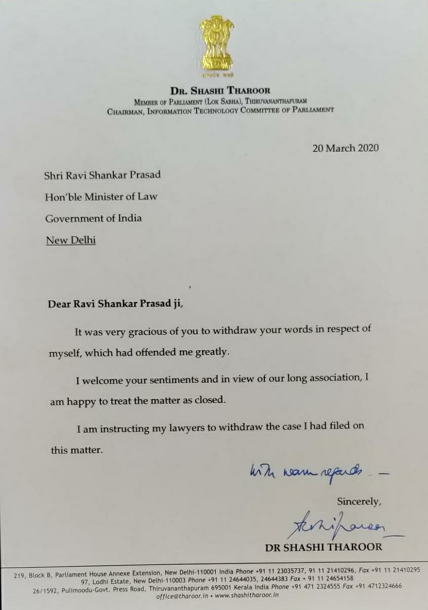 Ravi Shankar Prasad unconditionally withdraws comment calling Shashi Tharoor a murder accused