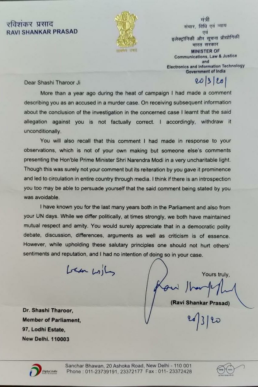 Ravi Shankar Prasad unconditionally withdraws comment calling Shashi Tharoor a murder accused
