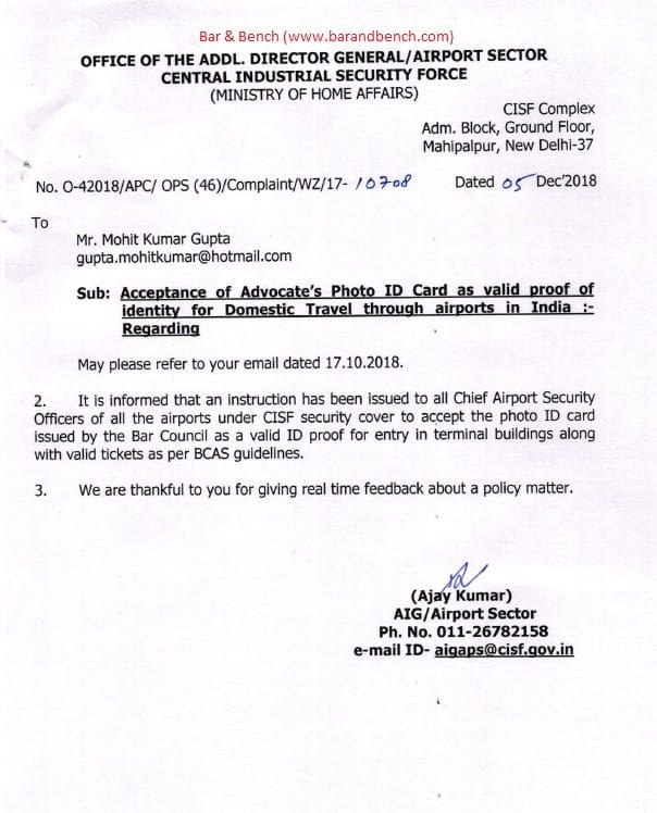 Advocates ID card issued by Bar Council valid proof to enter Airports