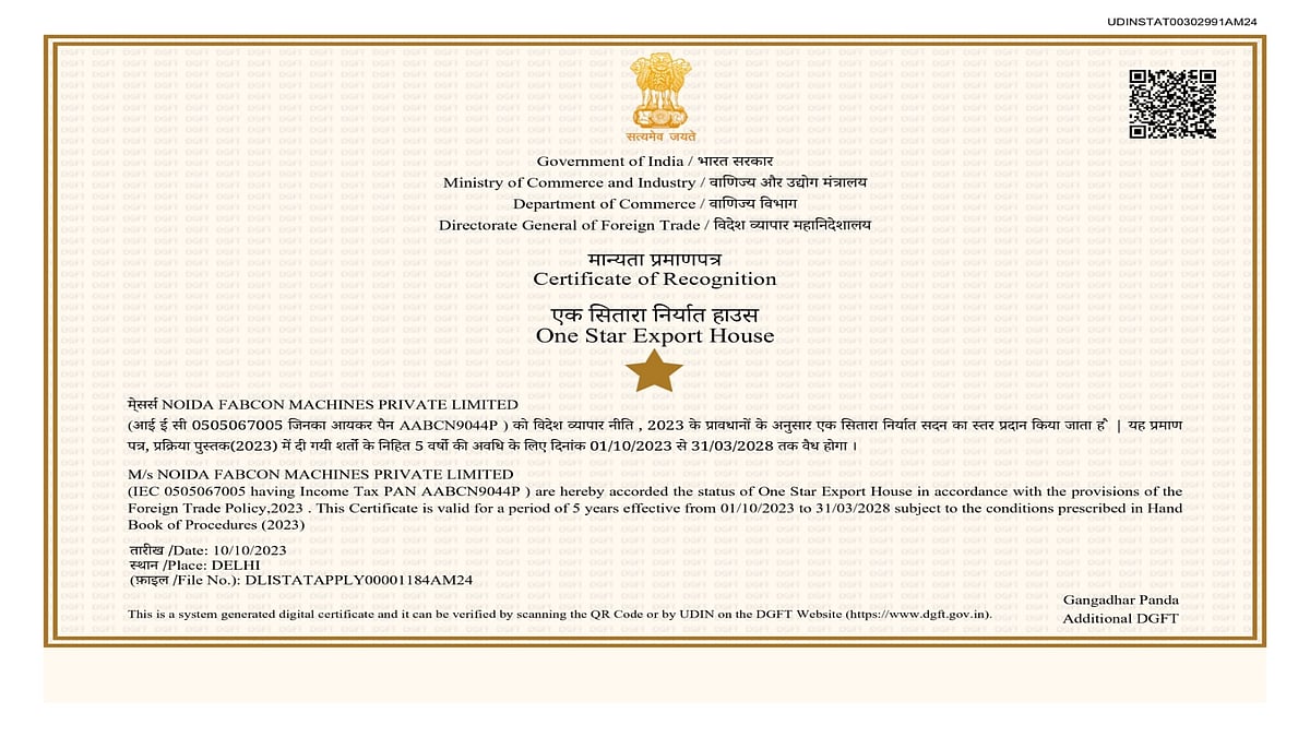 Fabcon India earns One Star Export House Certification, reinforcing its ...