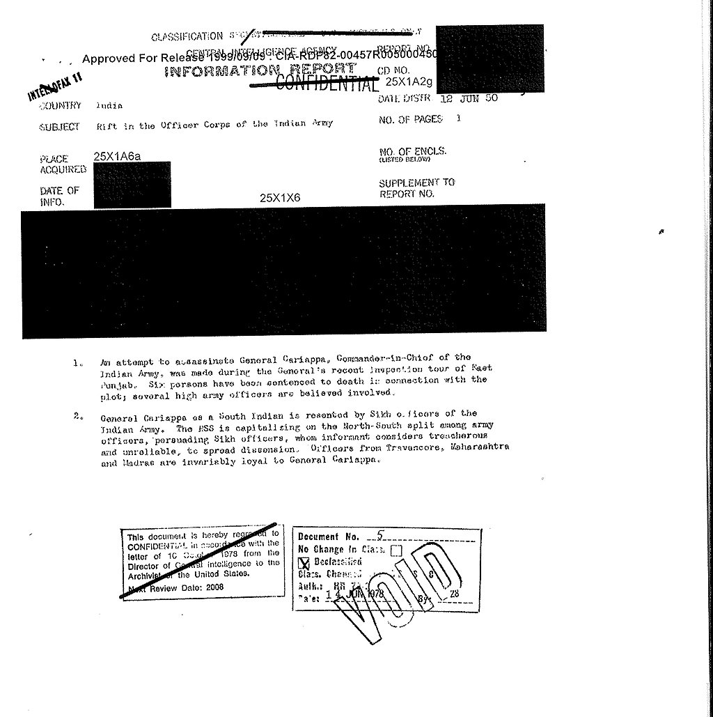 See the CIA document on the RSS plot against General Cariappa
