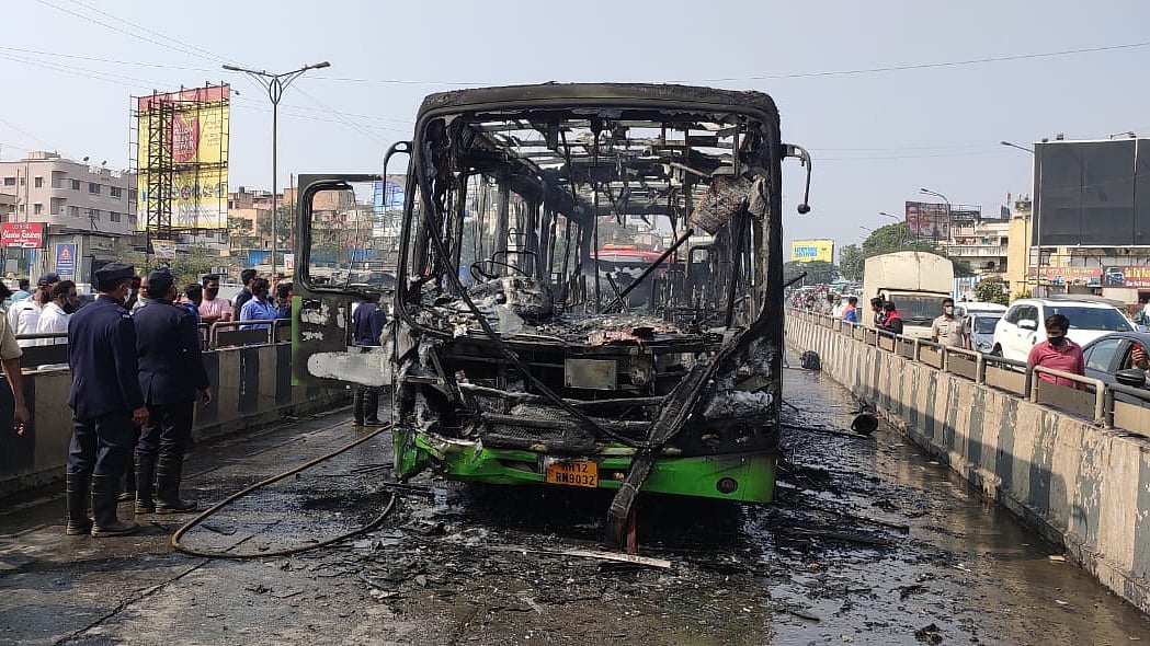 Pune: PMPML CNG bus catches fire after bike rams into it